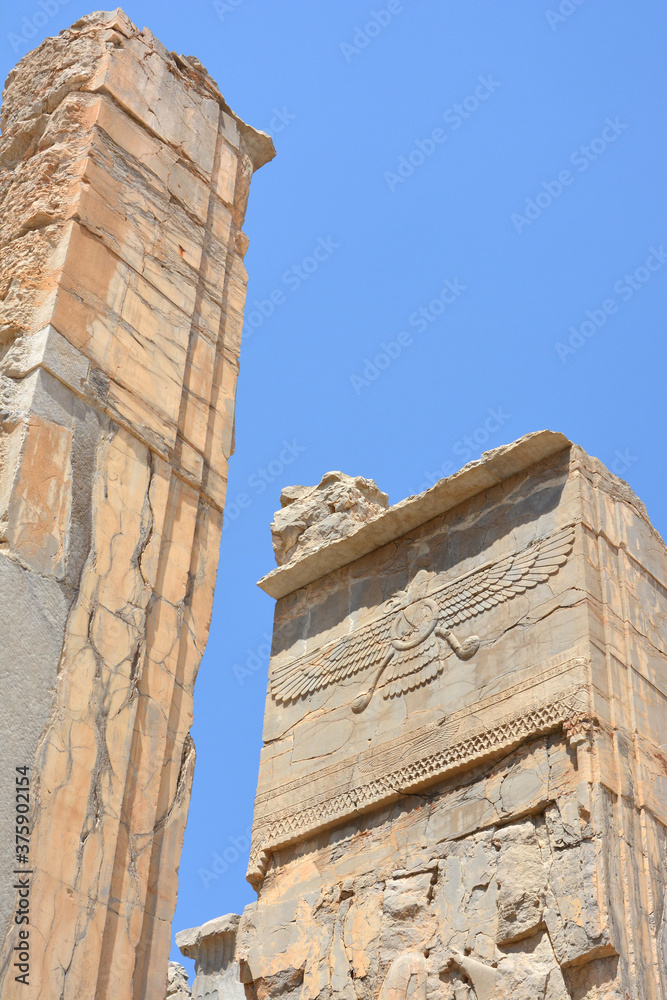 Bas relief of the Zoroastrian symbol Faravahar at the Tripylon building ...
