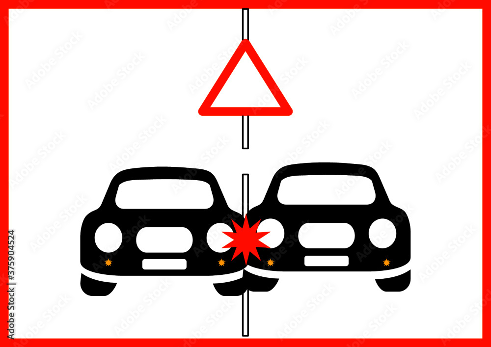 Traffic warning sign attention road traffic accident. Collision of two ...
