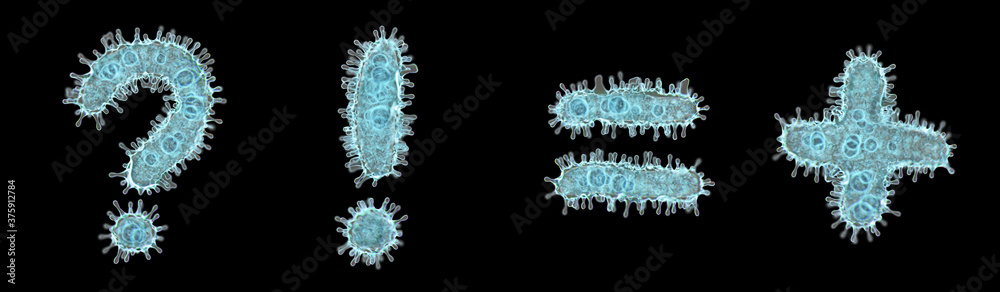 Alphabet made of virus isolated on black background. Symbols question ...