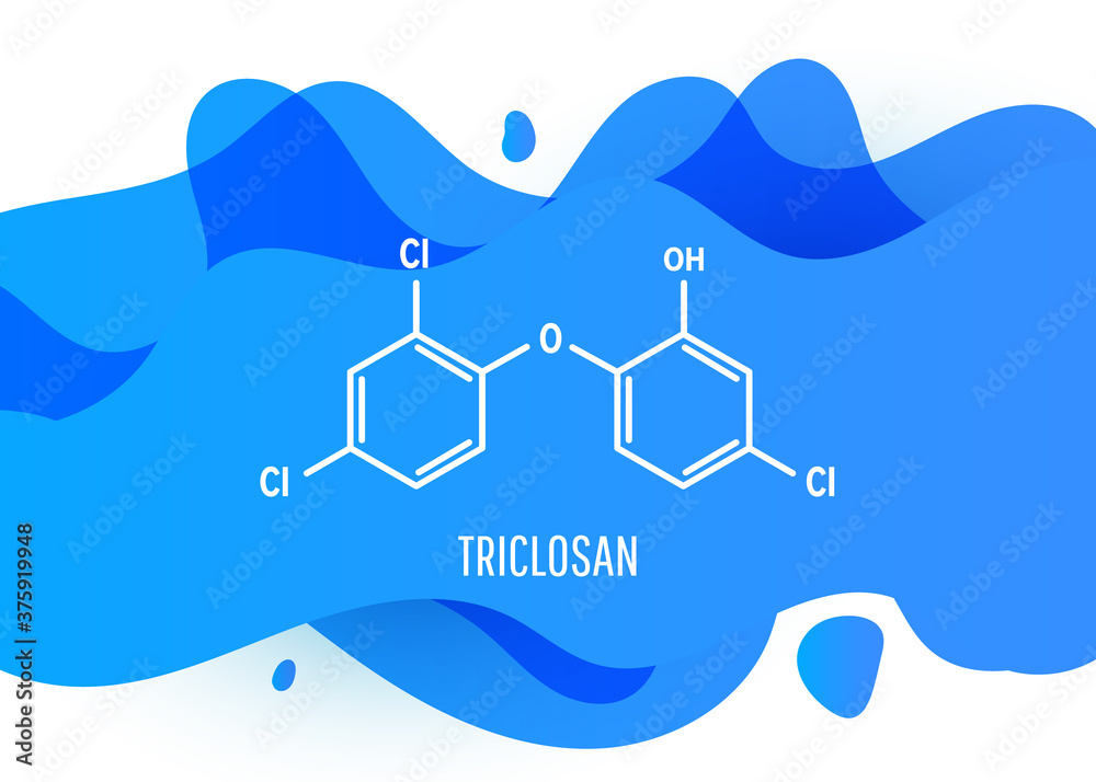 Triclosan structural chemical formula with a blue liquid fluid gradient ...