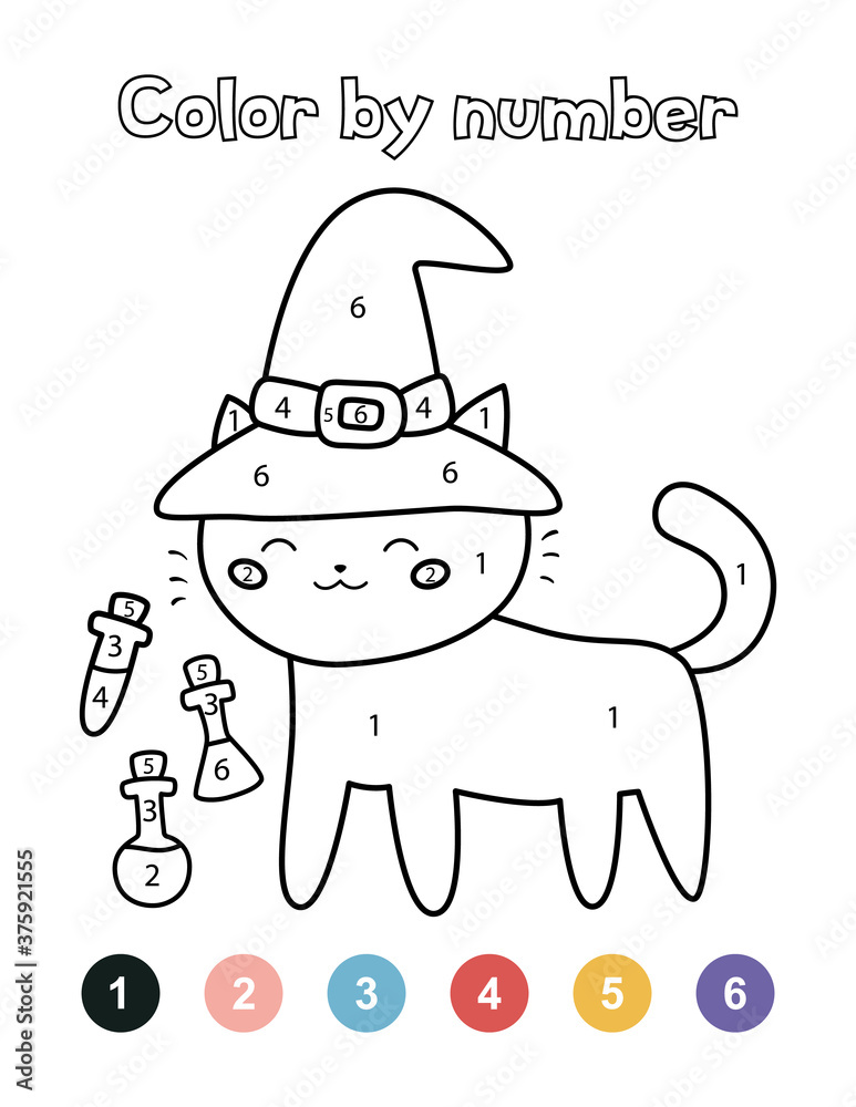 Color by numbers for preschool children. Cute Halloween cat with witch ...