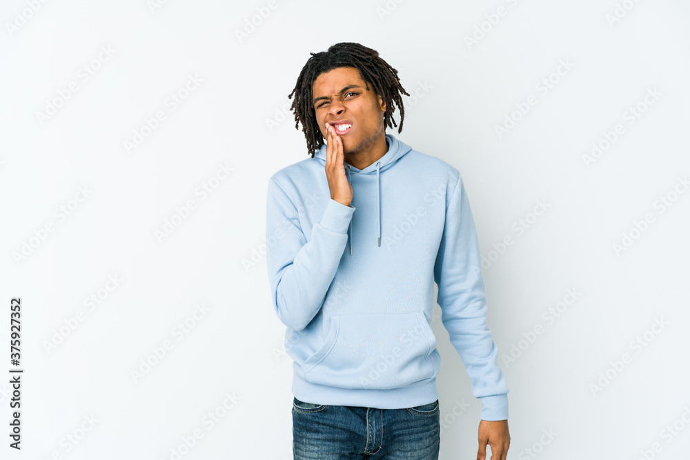 Young african american rasta man having a strong teeth pain, molar ache ...