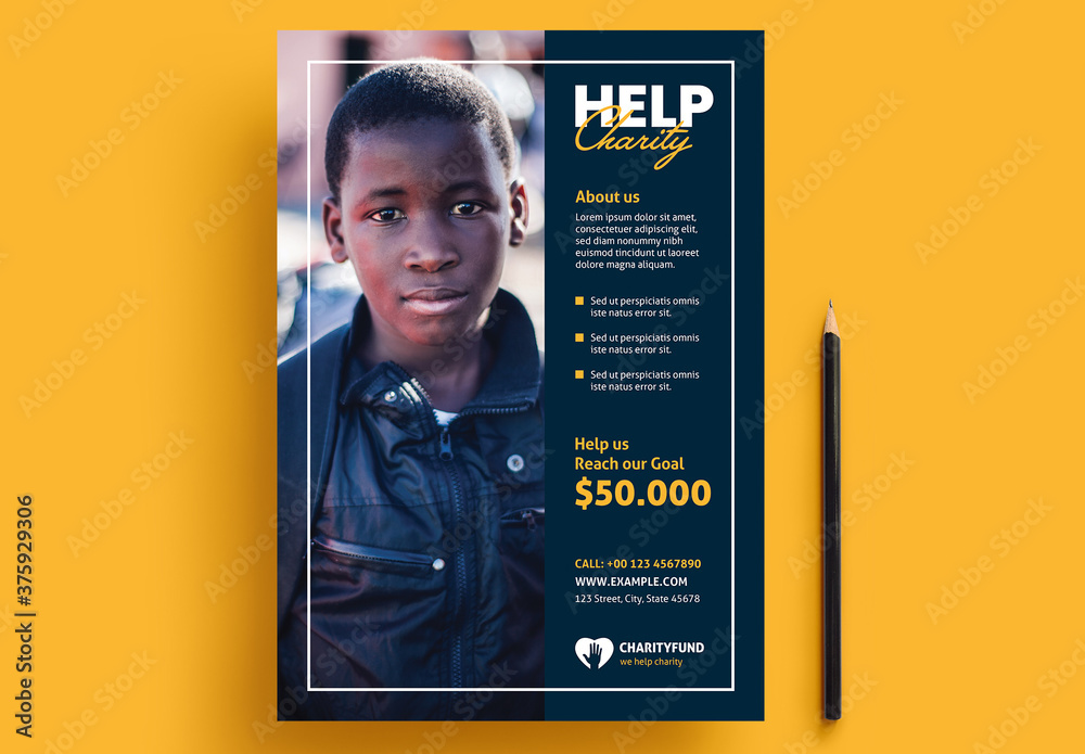 Help Charity Flyer Layout with Yellow Accents Stock Template | Adobe Stock