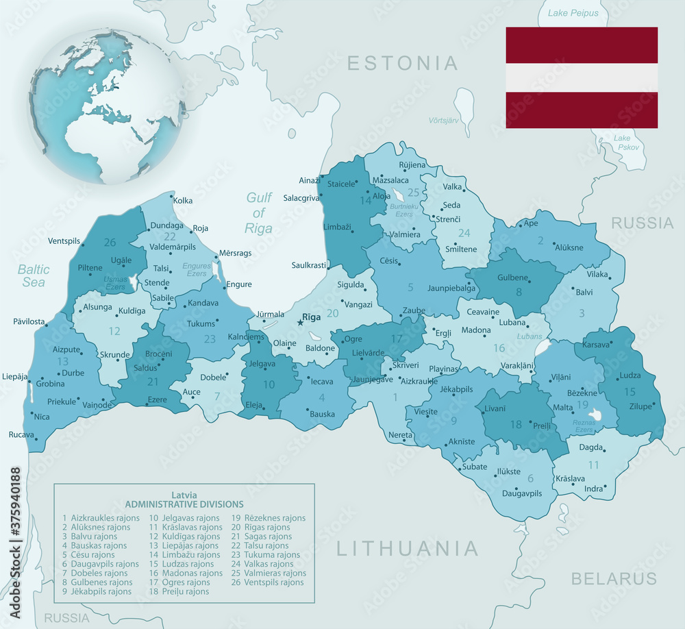 Blue-green detailed map of Latvia administrative divisions with country ...