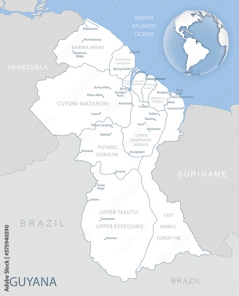 Blue-gray detailed map of Guyana administrative divisions and location ...