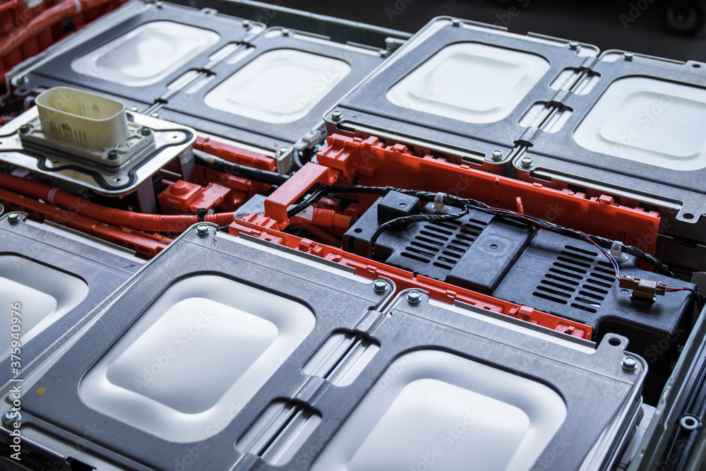 High-voltage battery of an electric vehicle with an open top cover. EV ...