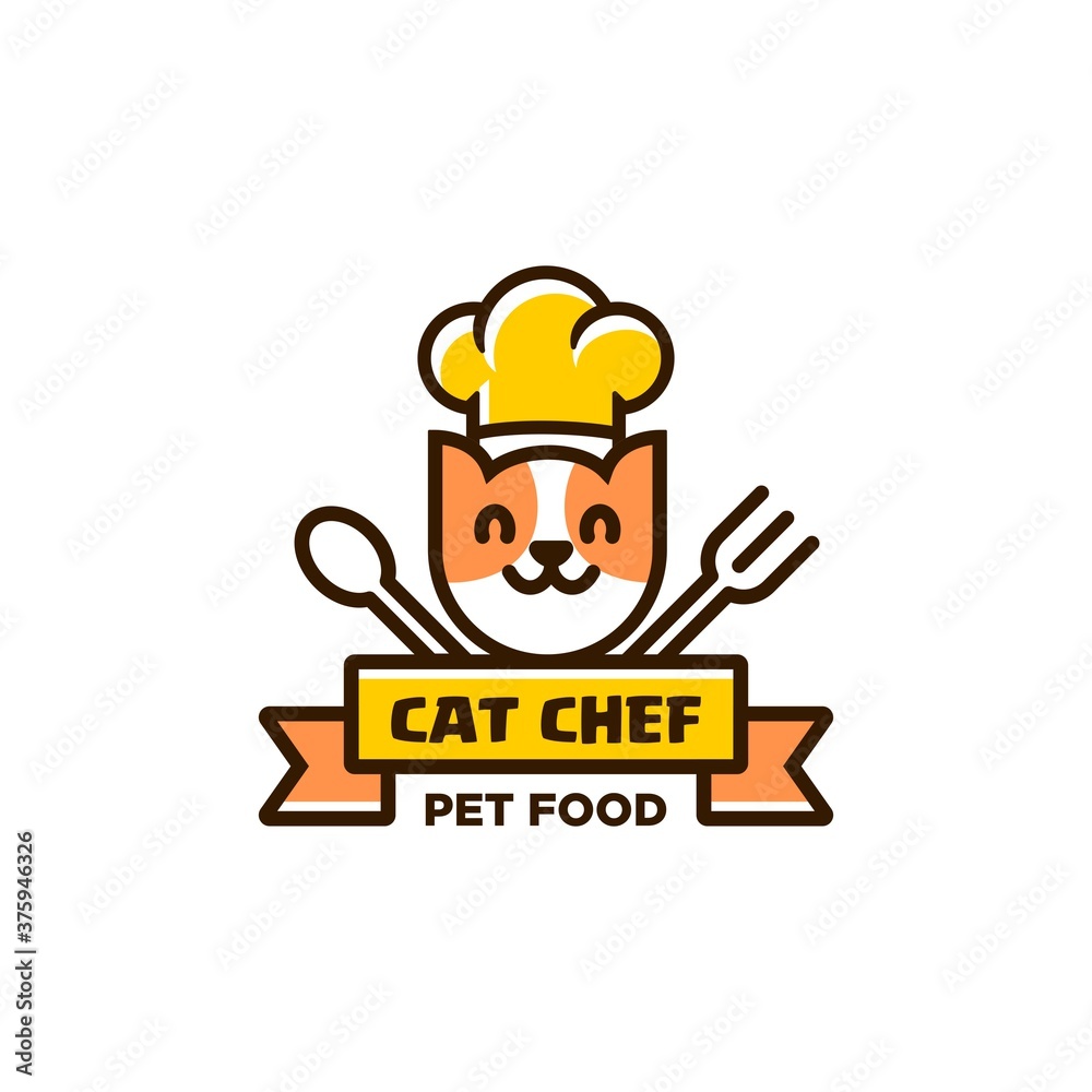 cat chef logo with chef hat, fork and spoon icon illustration in trendy ...