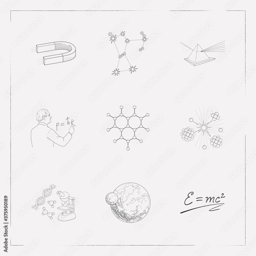 Set of physics icons line style symbols with dispersion, nuclear ...