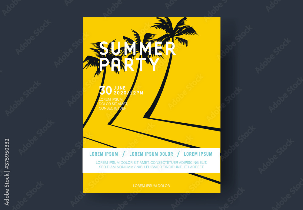 Bright Yellow Summer Party Poster with Palm Trees Stock Template ...