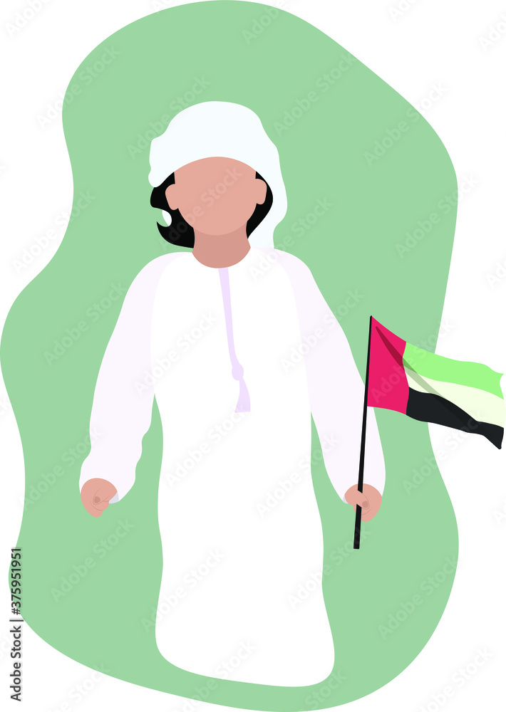 emirati muslim boy vector illustration with national flag of united ...