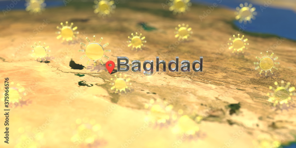 Sunny weather icons near Baghdad city on the map, weather forecast ...