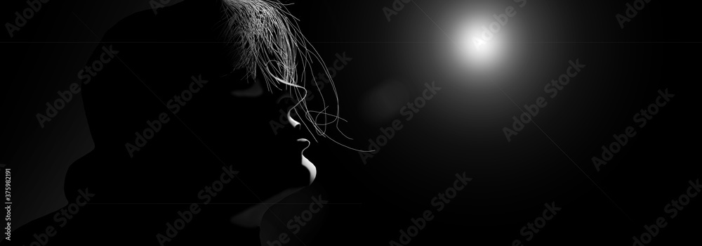 Dramatic rim light highlights a messy hairdo in this drawing of a young ...