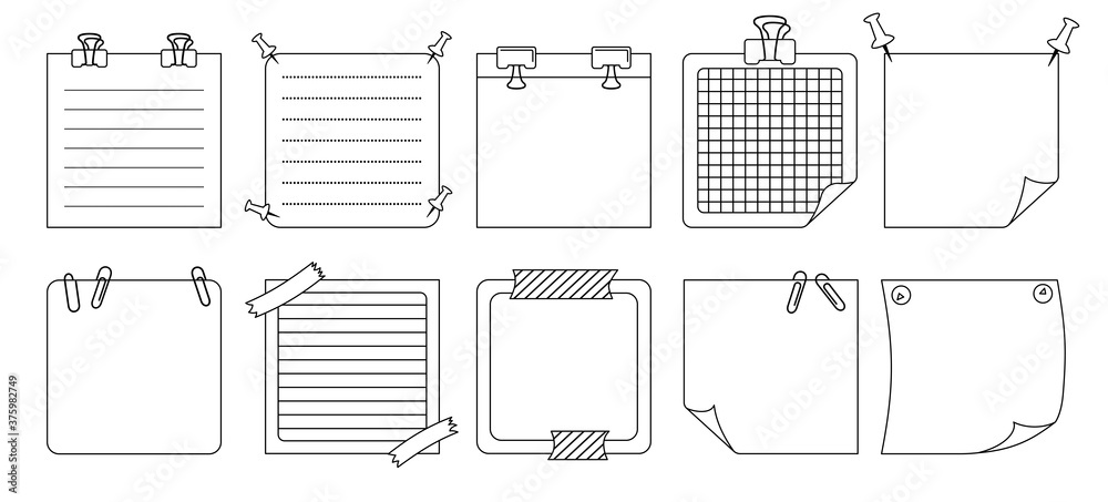 Paper sticky note line set. Blank notes with elements of planning ...