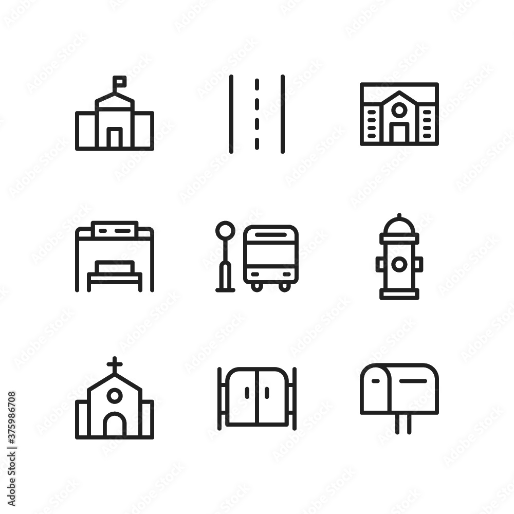 City icon set including hall, street, mansion, bus stop, fire hydrant ...
