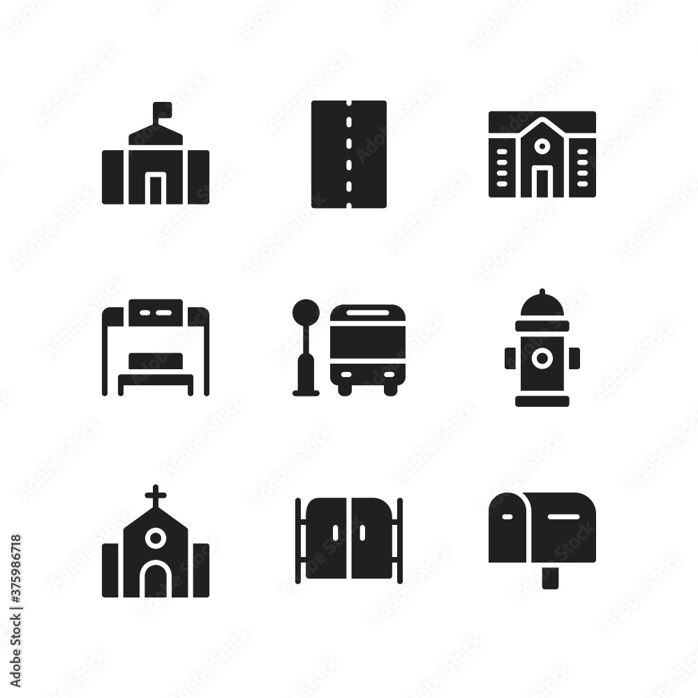 City icon set including hall, street, mansion, bus stop, fire hydrant ...