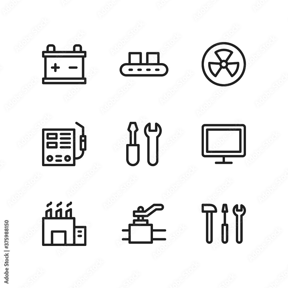 Manufacturing icon set including battery, conveyor, radiation, welding ...
