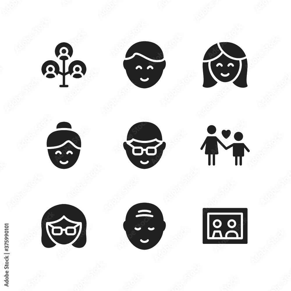 Family icon set including family tree, generation, boy, girl, children ...