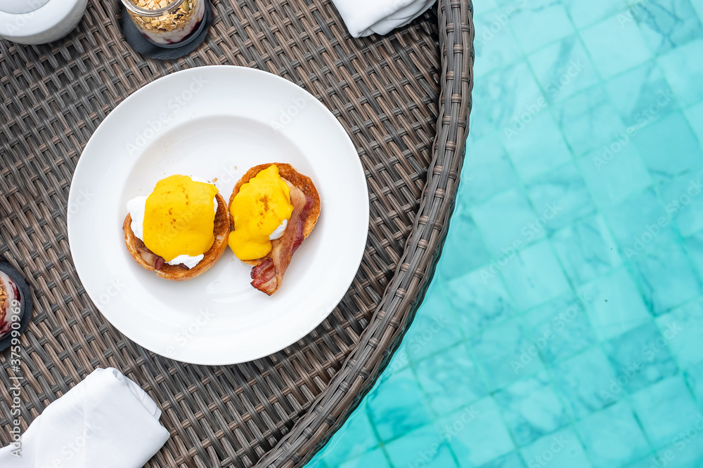 Floating Breakfast tray in swimming pool at luxury hotel or tropical ...