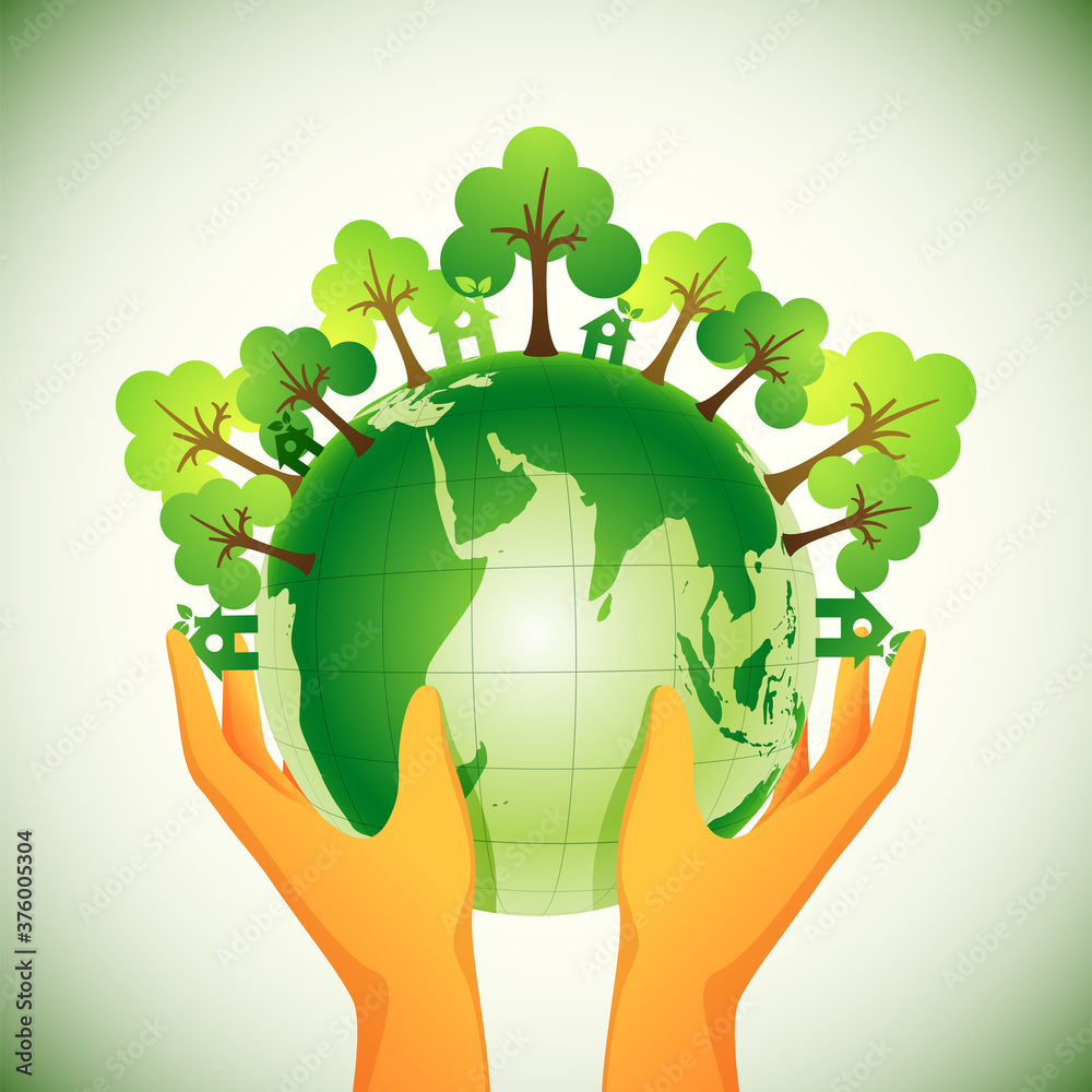 Human Hand Protection 3D Earth Globe with Trees and Green House on ...