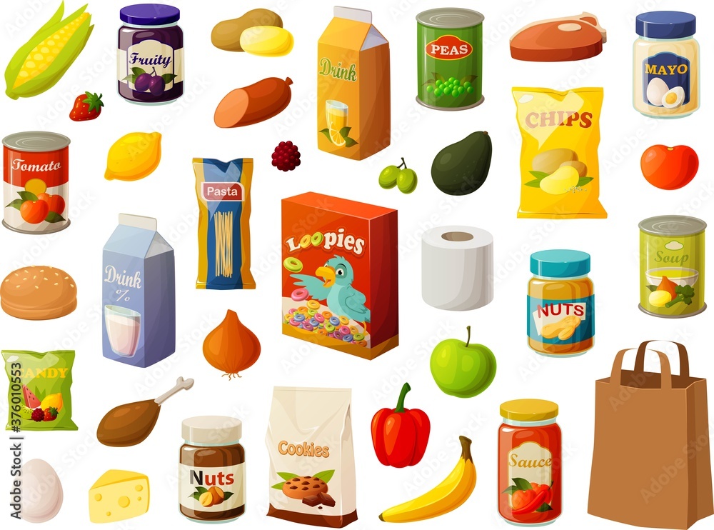 Vector illustration of various supermarket groceries isolated on white ...