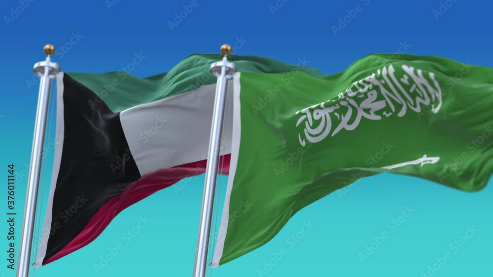 4k Seamless Kuwait and Saudi Arabia Flags with blue sky background;A ...