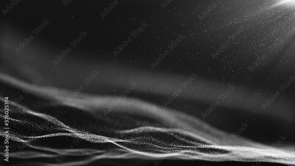 Dark light white black particle form abstract background with falling ...