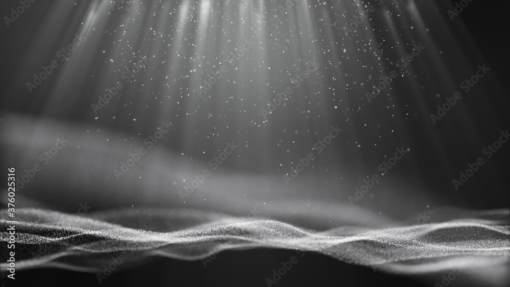 Dark light white black particle form abstract background with falling ...