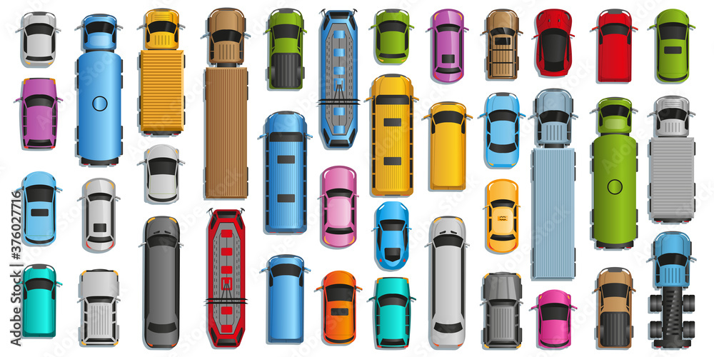 Different cars and vehicles. (top view) City vehicle transport icons ...