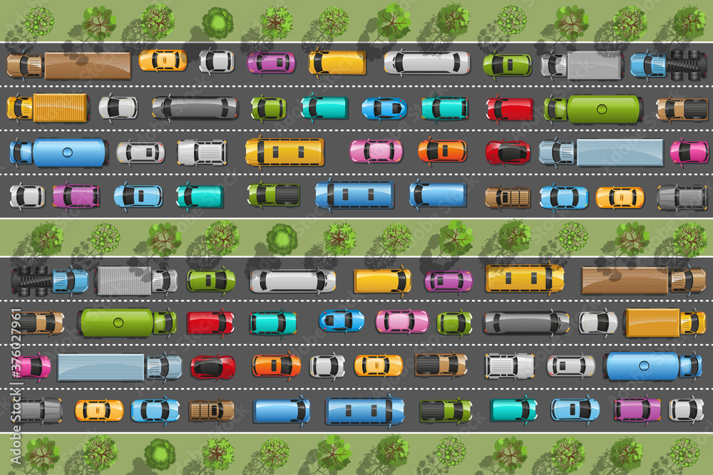 Traffic jam. View from above. Road truck on speedway and traffic. Top ...