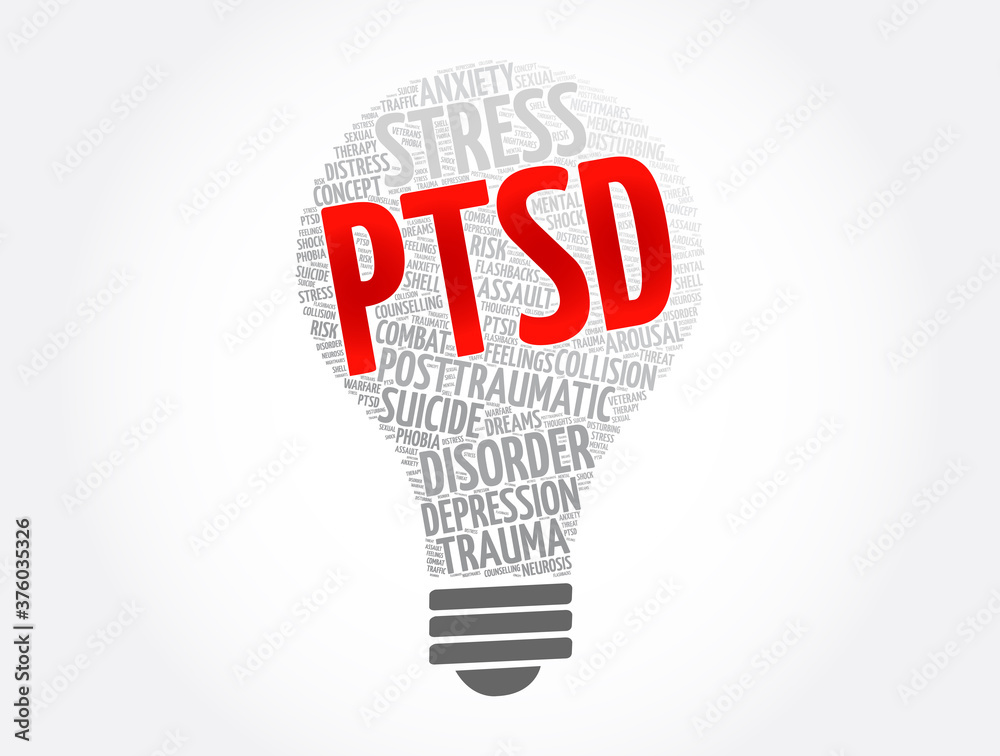 PTSD - Posttraumatic Stress Disorder light bulb word cloud collage ...