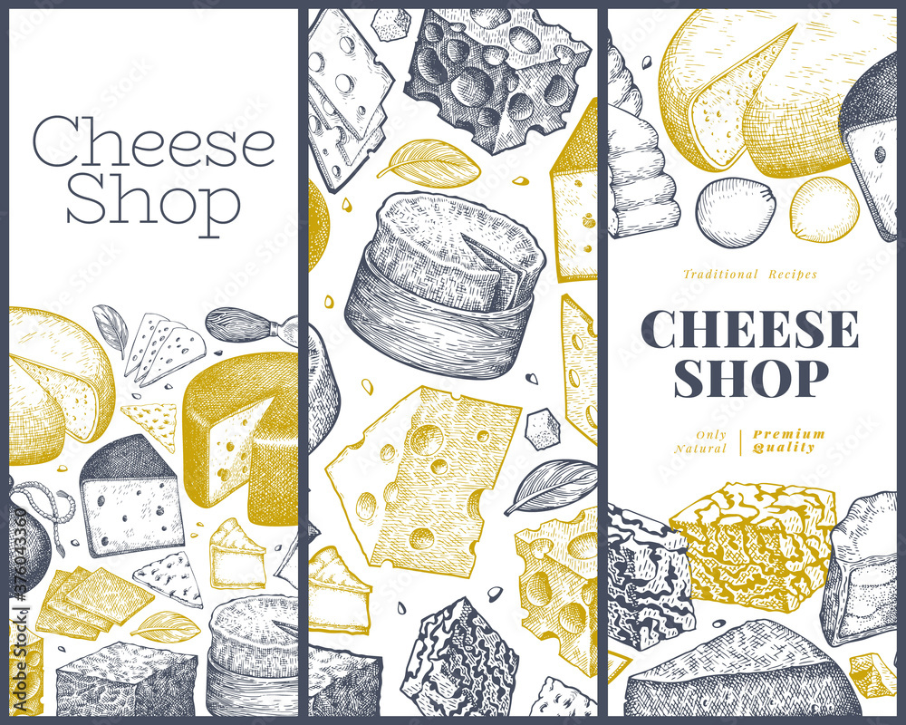 Cheese design template. Hand drawn vector dairy illustration. Engraved ...