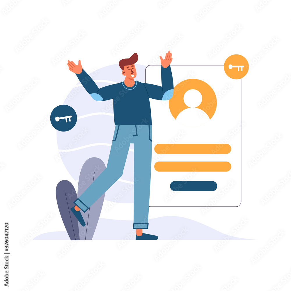 Log in or sign out, happy young man in casual clothes with profile ...