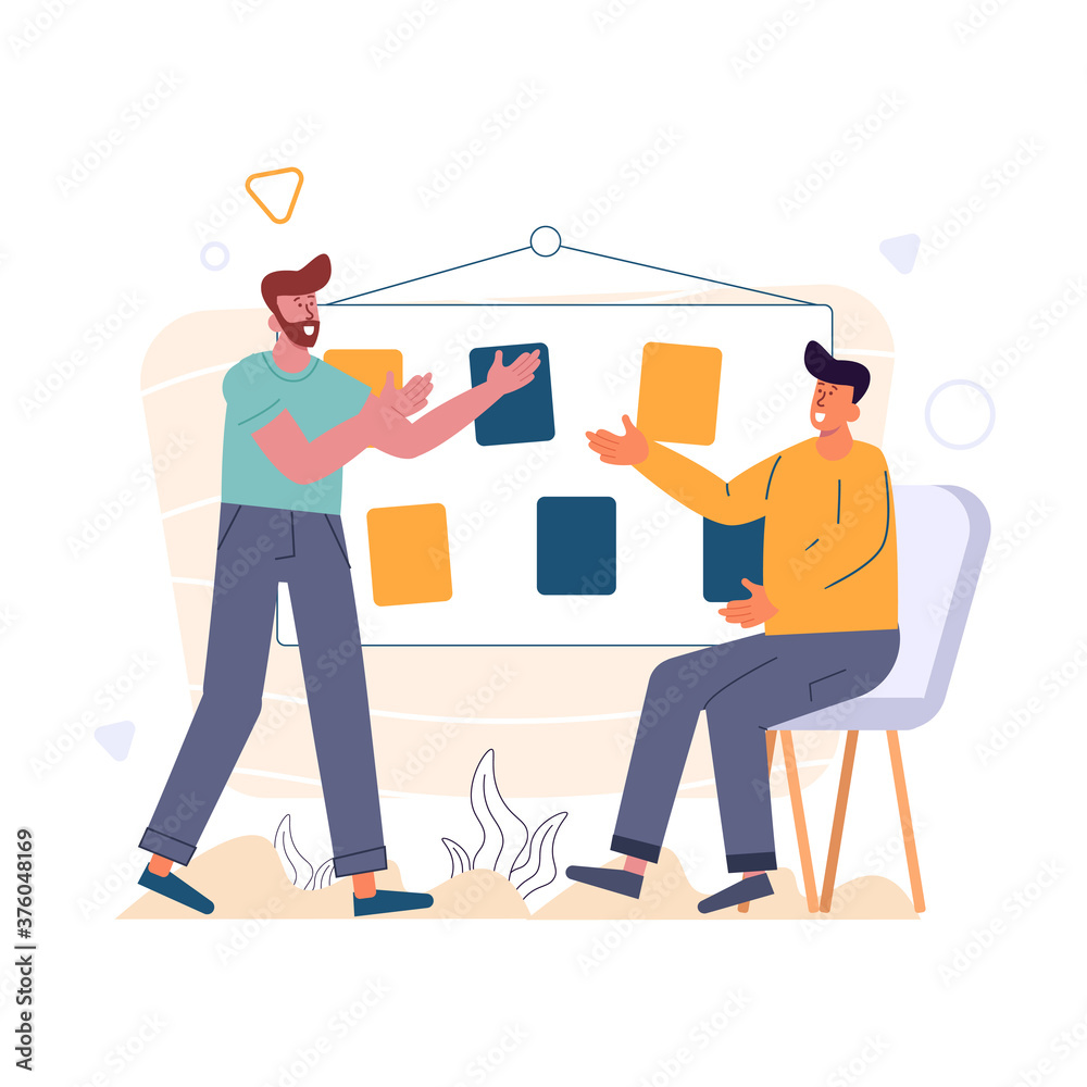 Teamwork, two men having conversation at work planning for a project ...