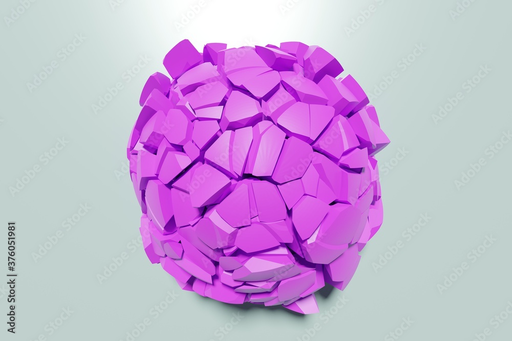 The sphere was torn to pieces after the crash.Pink cracked sphere. 3d ...