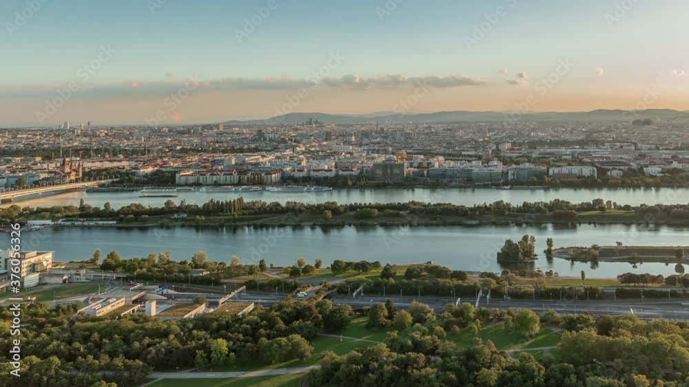 Aerial panoramic view of Vienna city with highway intersection ...