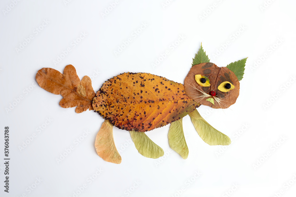 autumn nature craft for kids, cat made of leaf, top view, activity for ...