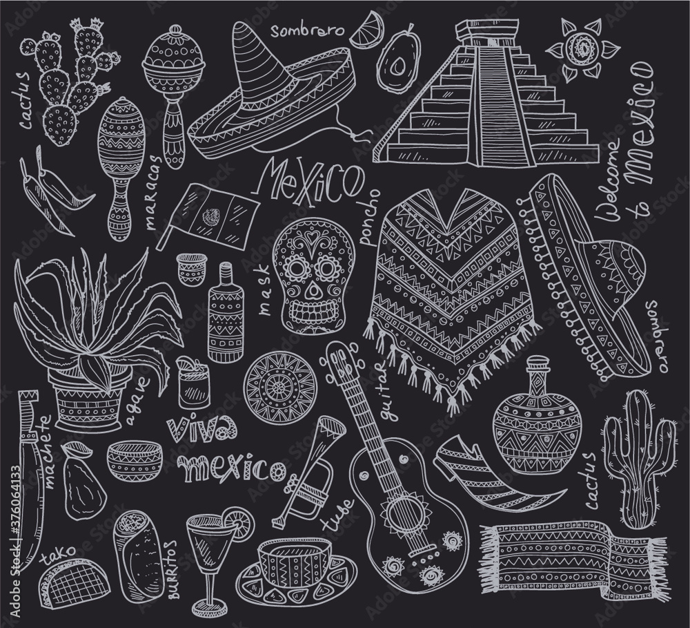 Big set of Mexico related hand drawn icons including pyramid, maracas ...