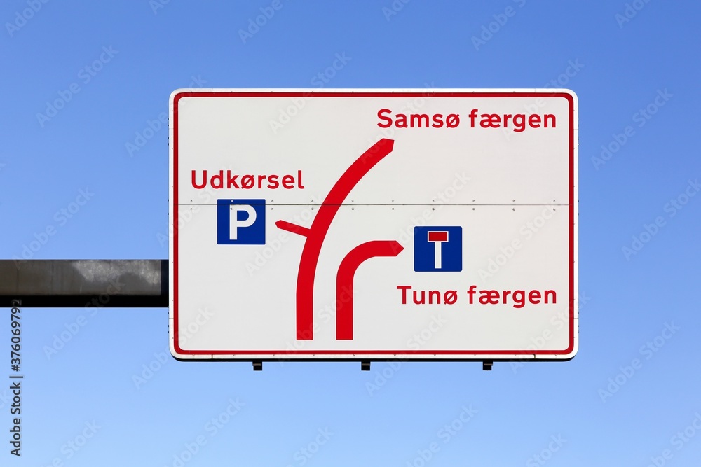 Panel and road sign to Samso island and Tuno island by ferry in Hou ...
