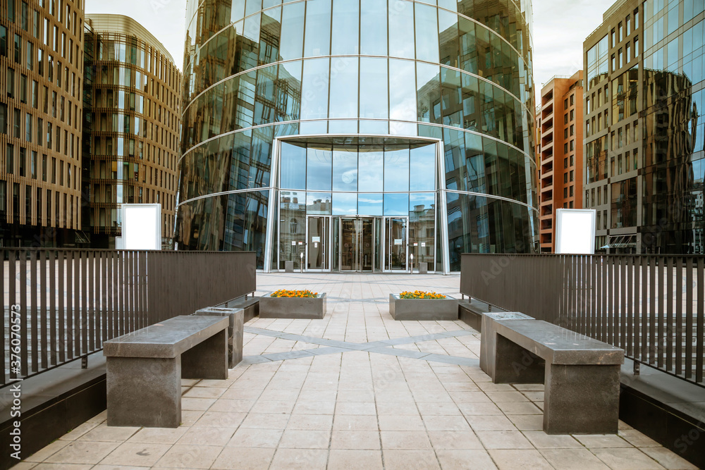 Entrance to modern office building of business city with automatic ...