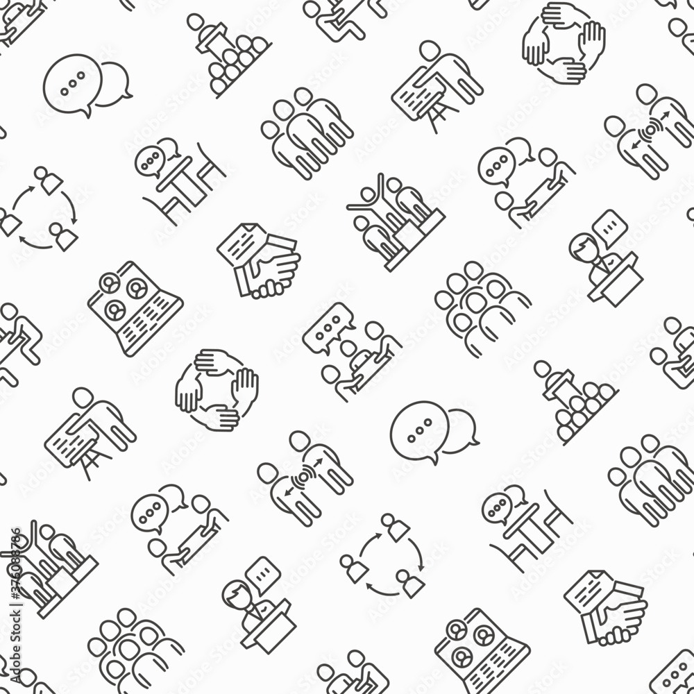Meeting seamless pattern with thin line icons: speaker, communication ...