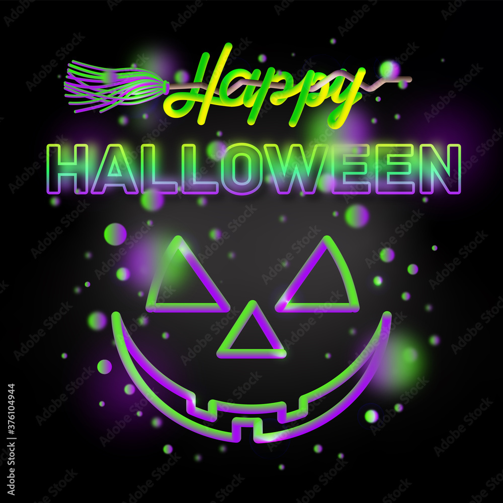 Happy halloween neon green purpul colors with broom and pumpkin smile ...
