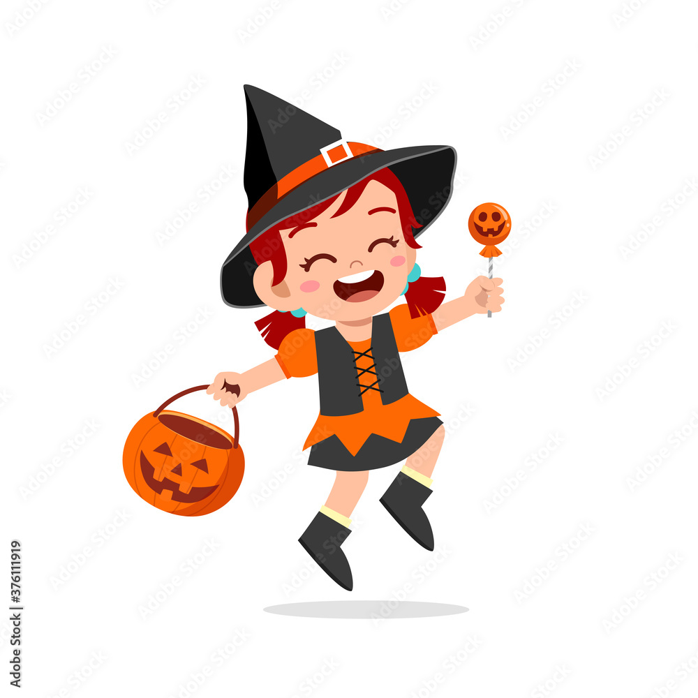 happy cute little kid boy and girl celebrate halloween wears witch ...