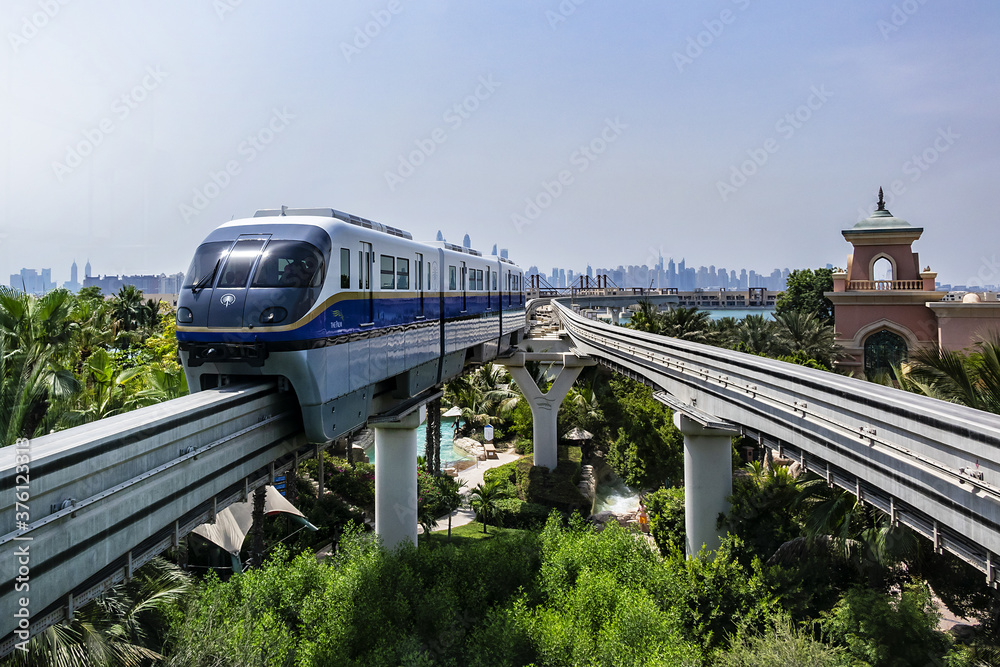 View of Palm Jumeirah Monorail with train from Palm Jumeirah Station ...
