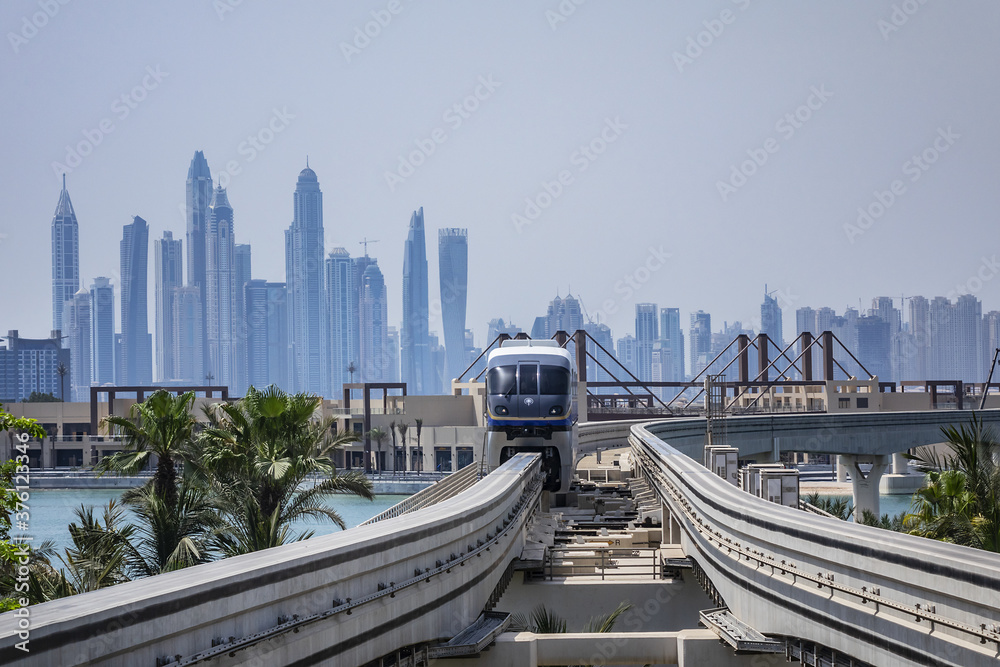 View of Palm Jumeirah Monorail with train from Palm Jumeirah Station ...