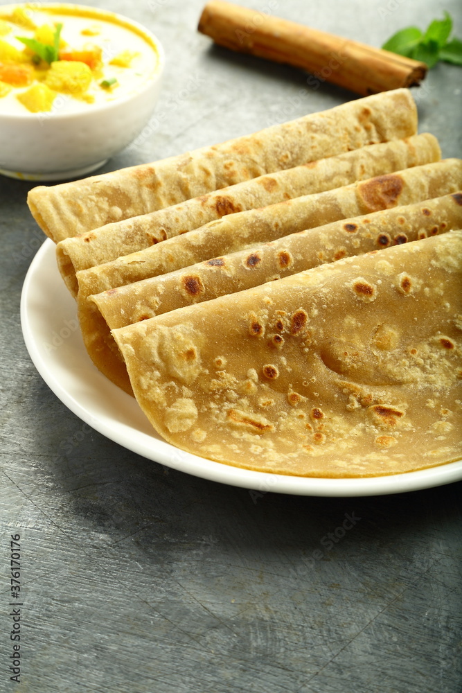 Indian traditional vegetarian meal- whole wheat chapathi or chapati ...
