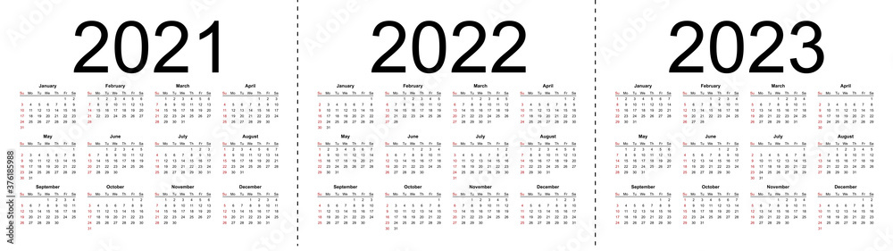 Simple calendar Layout for 2021, 2022 and 2023 years. Week starts from ...