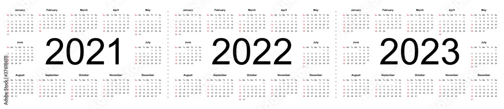 Simple editable vector calendars for year 2021 2022 2023. Week starts ...