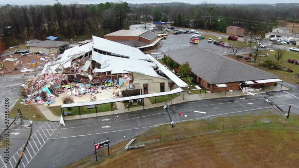 DRONE SHOT OF SCHOOL DESTROYED FROM STORM DAMAGE IN HUNTSVILLE ALABAMA ...