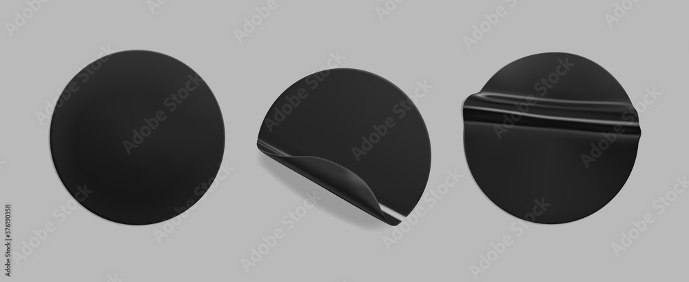Black glued round crumpled sticker mockup set. Adhesive black paper or ...