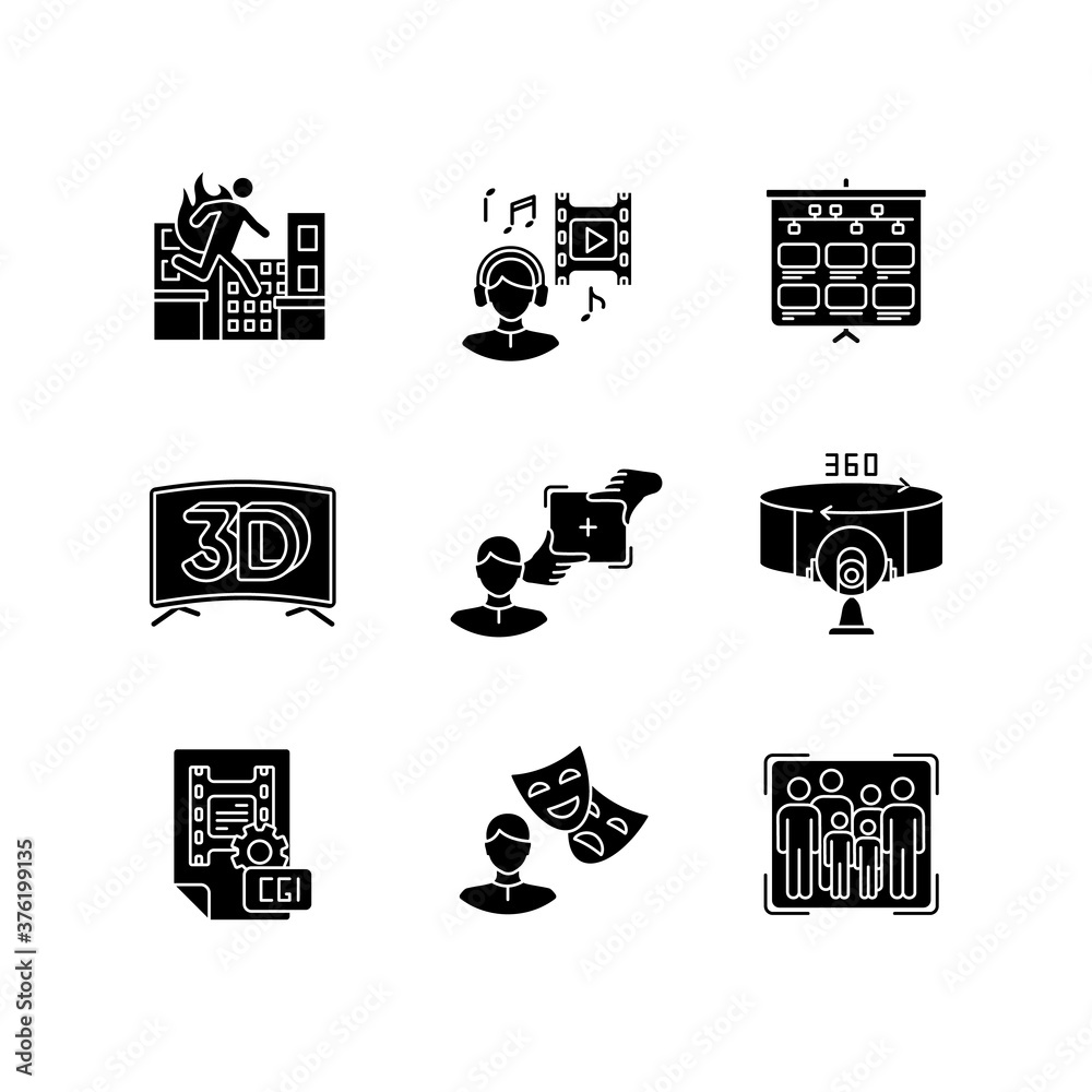 Film making black glyph icons set on white space. Visual development ...